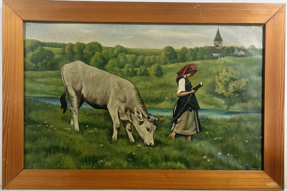 Antike Gemälde, Hirtin mit Kuh am Feld , Unl. Sig. (Gebraucht) in Root für CHF 25 – mit ...