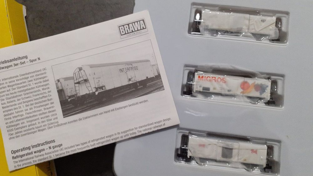G833 - Brawa-Set mit drei Kühlwagen Bell, Migros, SBB (Neu und ...