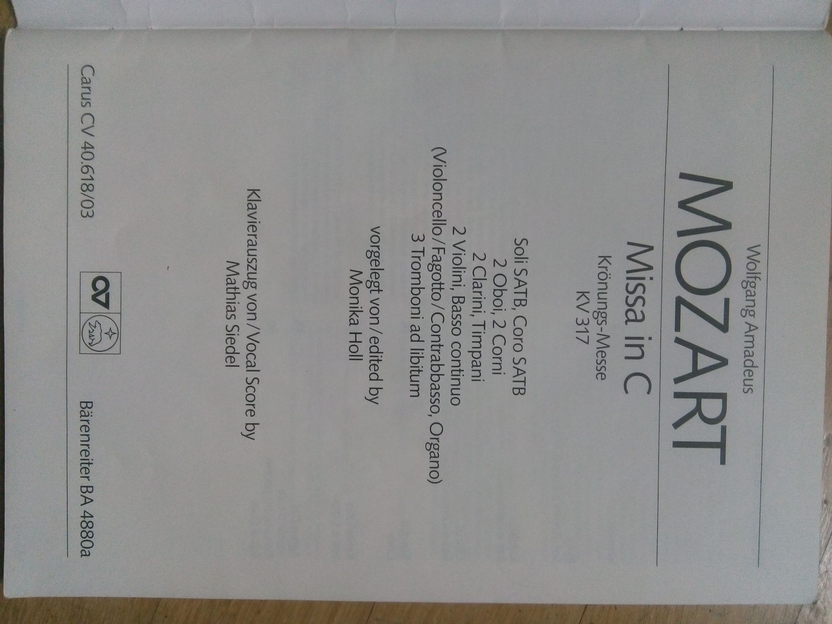 Mozart: Missa in C - Krönungs-Messr (KV 317) Klavierauszug (Gebraucht ...