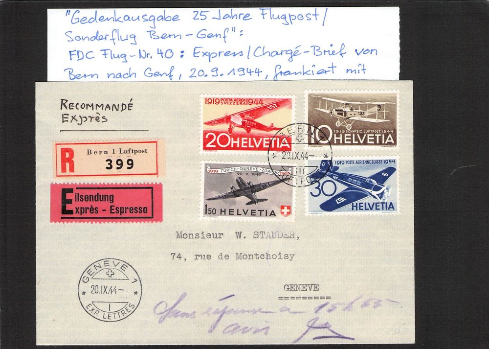 Gedenkausgabe 25 Jahre Flugpost,Sonderflug Bern-Genf,20.9.44 (Gebraucht) in Reichenburg für CHF ...