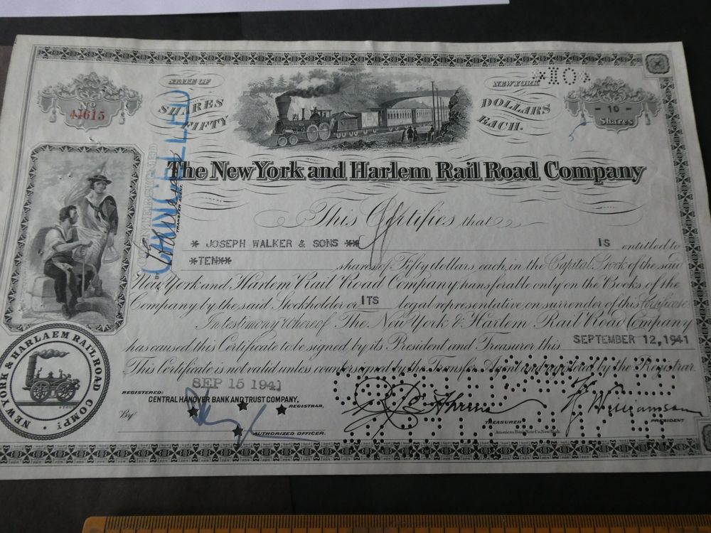 USA, Eisenbahnaktie 1941, New York and Harlem Rail Road (Gebraucht) in ...