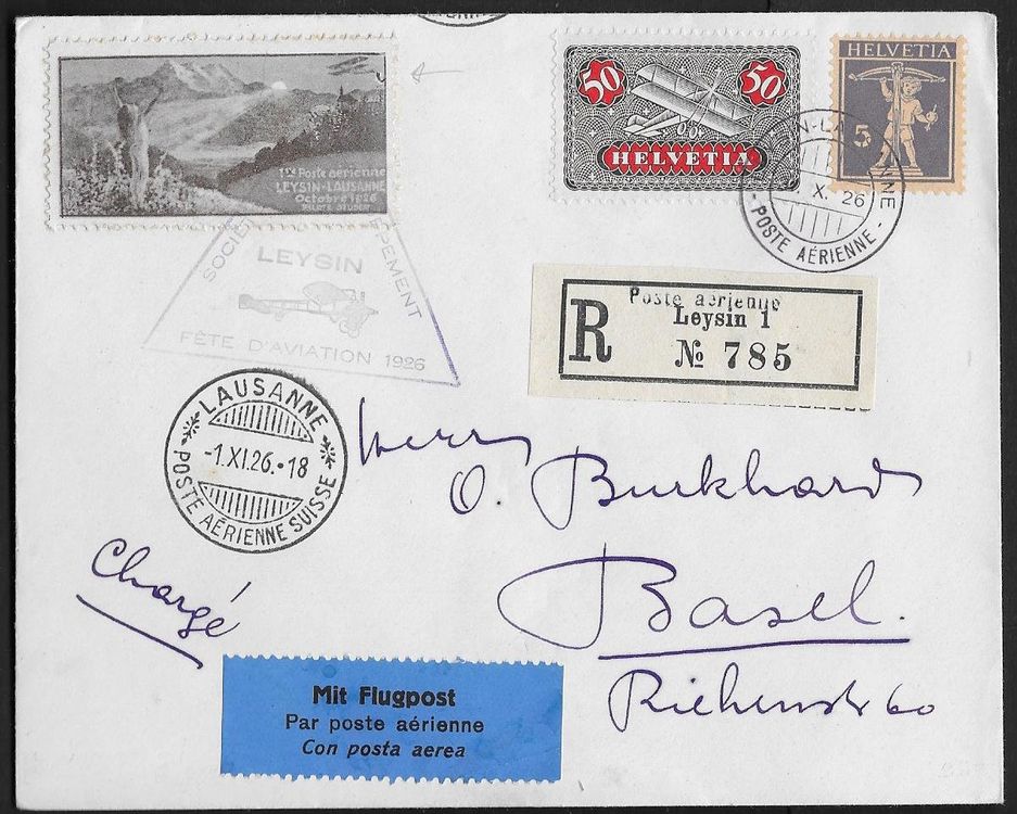 1926 R/Brief Flug Leysin Mischfrank. + VIGNETTE Abart ab 1.- (Gebraucht) in Zürich für CHF 32 ...