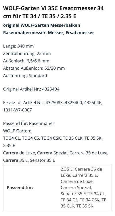 Rasenmäher Messer Wolf Geräte passt zu siehe in Beschreibung (Neu und ...