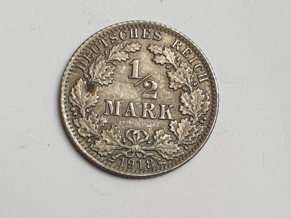 🇩🇪 1/2 Mark 1918 A - XF - *** Silver 2.78g .900 (Gebraucht) in ...