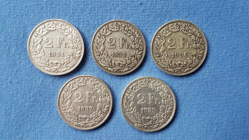 5 x 2 Fr Silbermünzen 30er J. 1931-1939 kompl. Serie ab 1.00 | Kaufen auf Ricardo