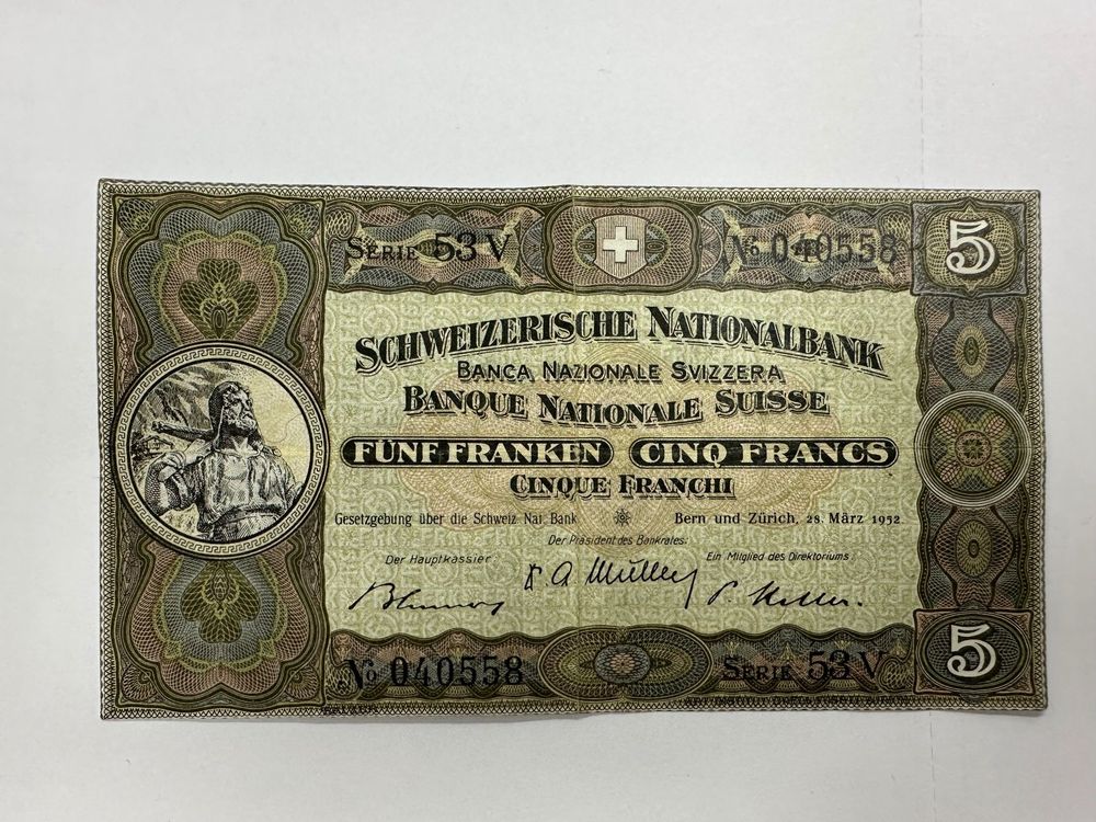 5 er Banknote Schweiz. Jg. 1952, 40558 (Gebraucht) in Steinhausen für CHF 10 – mit Lieferung auf ...