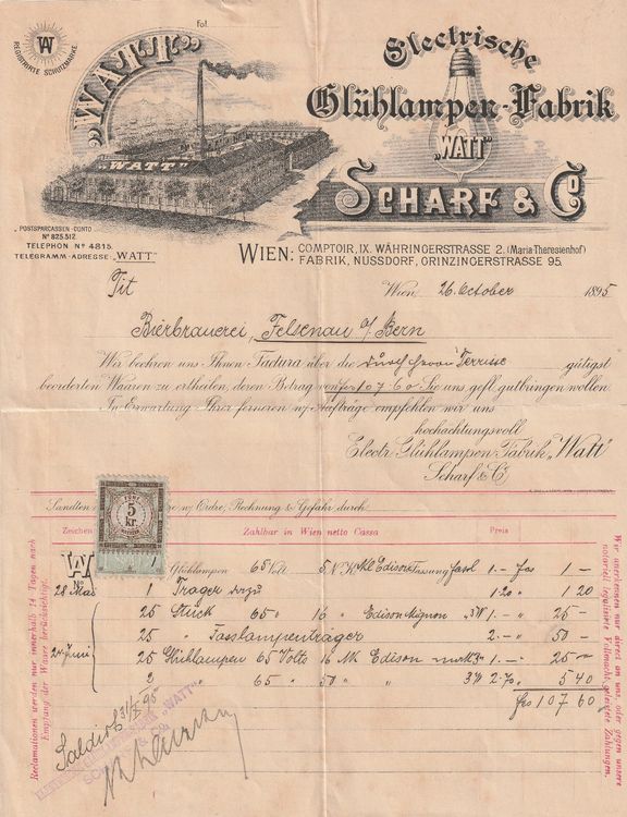 Litho-Briefkopf Glühlampenfabrik Scharf & Co Wien 1895 | Kaufen auf Ricardo