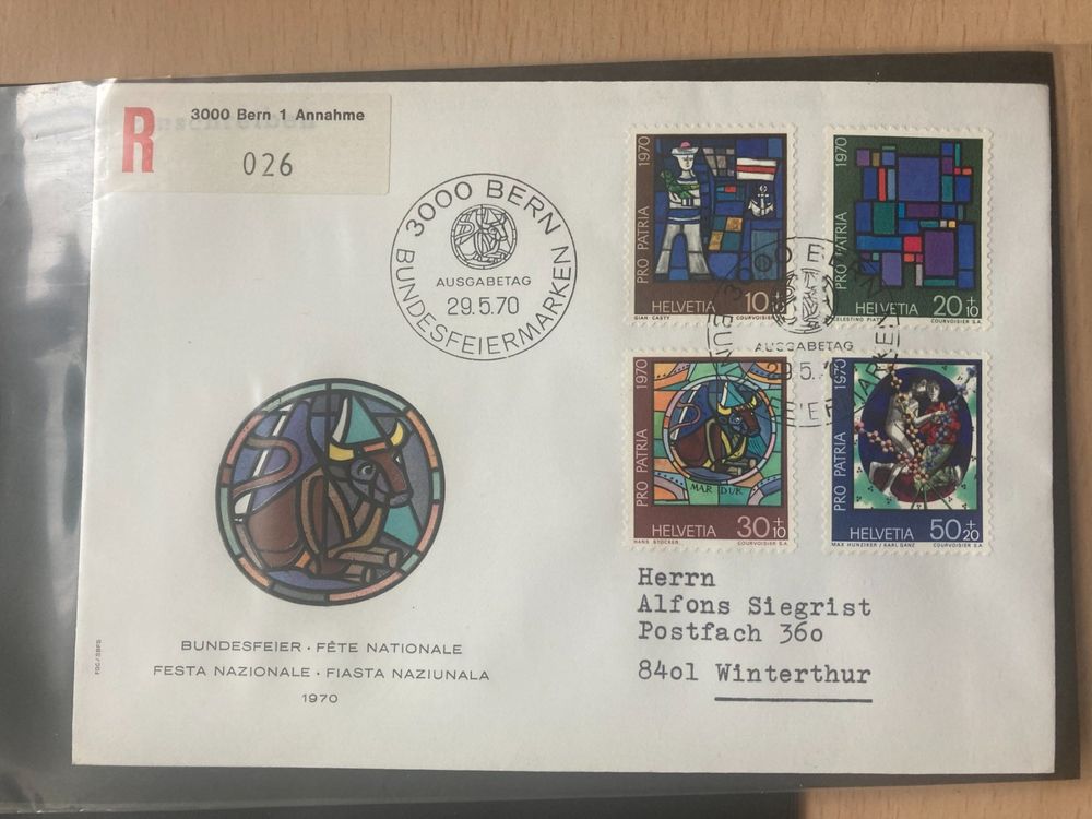 CH 1970 R-Ersttagsbrief Satz Pro Patria zeitg. Glasgemälde (Gebraucht) in Liestal für CHF 2 ...