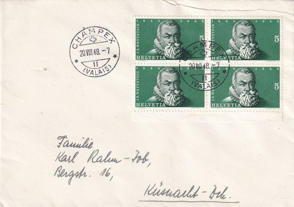 Viererblock Nr.281 Joh. Rudolf Wettstein auf Brief v.CHAMPEX (Gebraucht ...