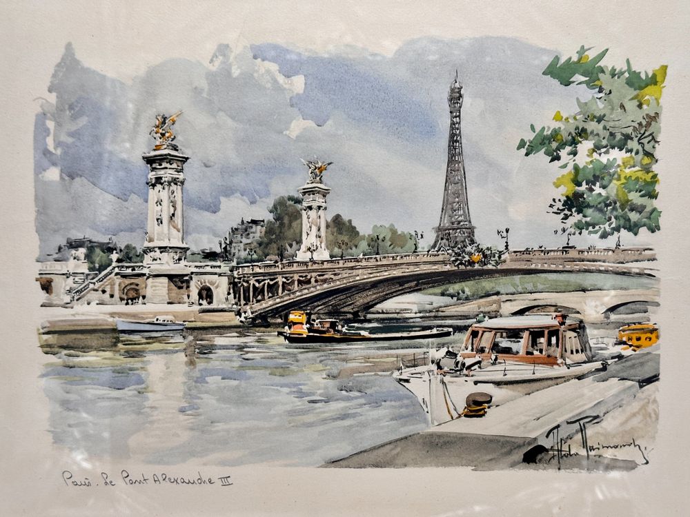 Dessin au fusain aquarelle signé Paris Le Pont Alexandre III | Kaufen auf Ricardo