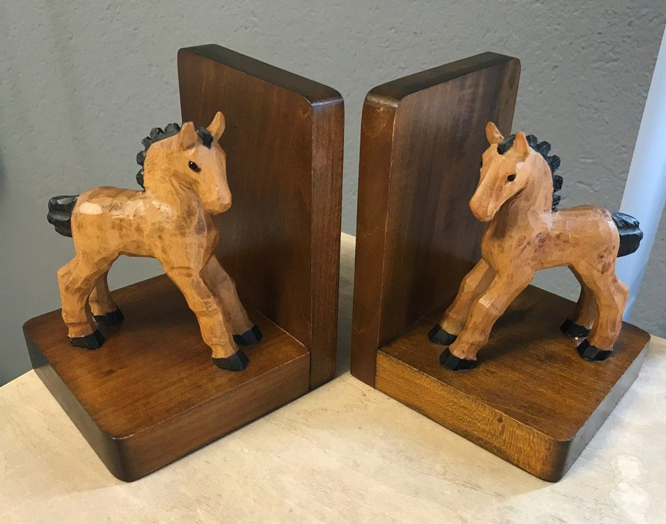 Vintage Buchstützen von Meho Suisse - PFERDE geschnitzt Holz (Gebraucht ...