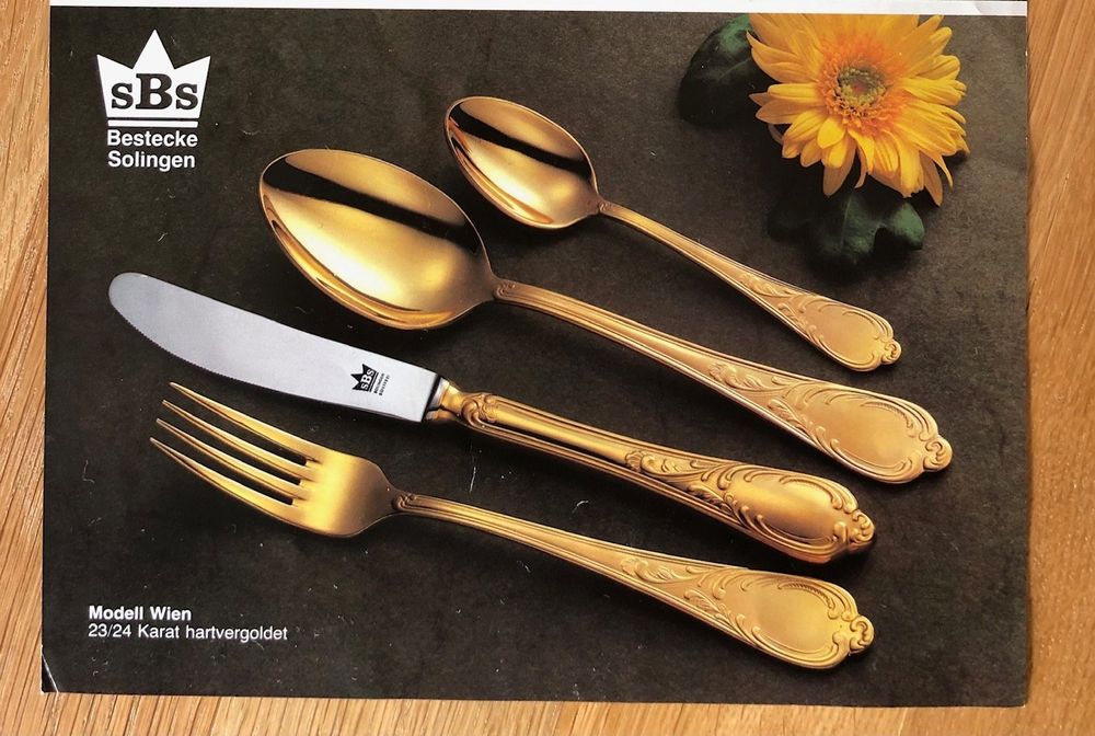 Besteck SBS Solingen, 70-teilig, 23/24 Karat hartvergoldet (Neu und ...