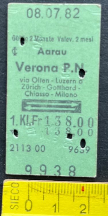 Billett Aarau Verona P.I via Olten - Luzern 1. Klasse 1982 (Gebraucht) in Wabern für CHF 1.5 ...