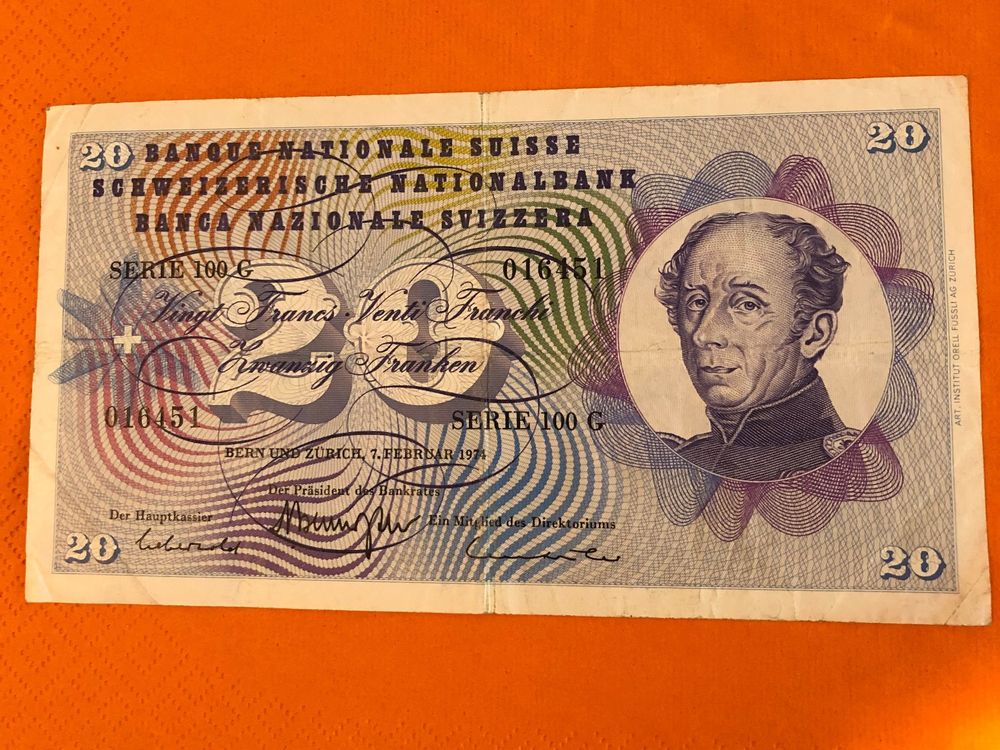 20er Note Schweiz 7. Februar 1974 - Serie 100 G - Nr. 016451 (Gebraucht ...