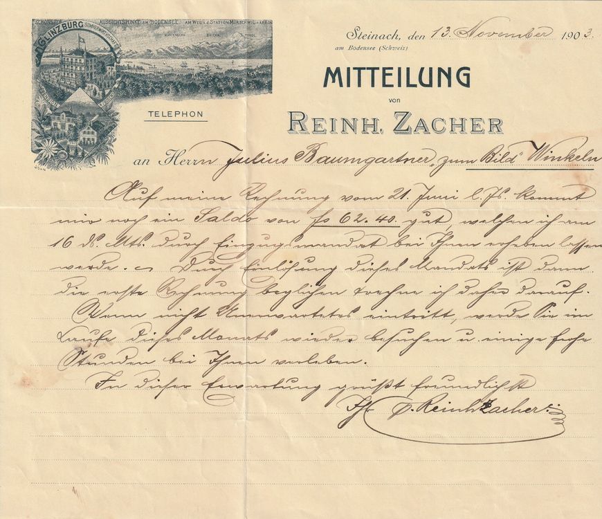 Breifkopf Steinach 1903 Restaurant Glinzburg (Gebraucht) in Rorschacherberg für CHF 4 – mit ...