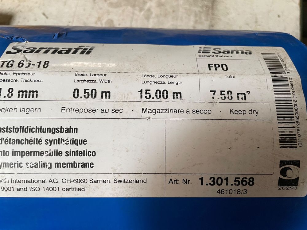 Sarnafil Folie TG 66-18 Kunststoffdichtungsbahn (Neu (gemäss ...