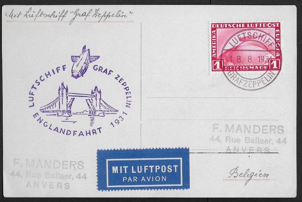 1931 Karte ZEPPELIN ENGLAND-Fahrt Mi455 attraktiv top ab 1.- (Gebraucht ...