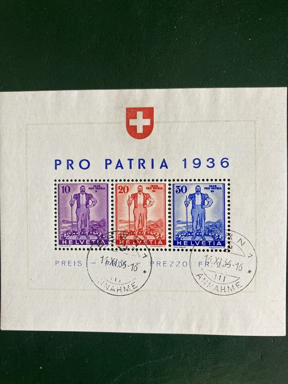 Briefmarken Schweiz Pro Patria Block 1936 (Gebraucht) in Basel für CHF 36 – mit Lieferung auf ...