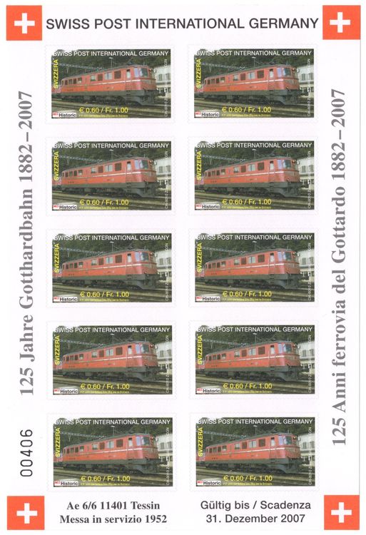 SWISS POST INTERNATIONAL GERMANY - 125 Jahre Gotthardbahn (Neu (gemäss Beschreibung)) in Eglisau ...