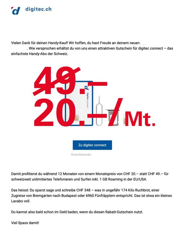 Gutschein Digitec Connect Voucher bis zu 348.- | Kaufen auf Ricardo