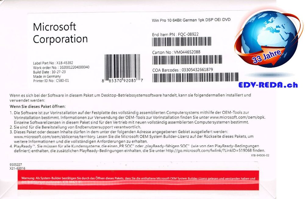 WINDOWS 10 PRO OEM 64 BIT DVD inkl. Lizenz Sprache deutsch (Neu (gemäss ...