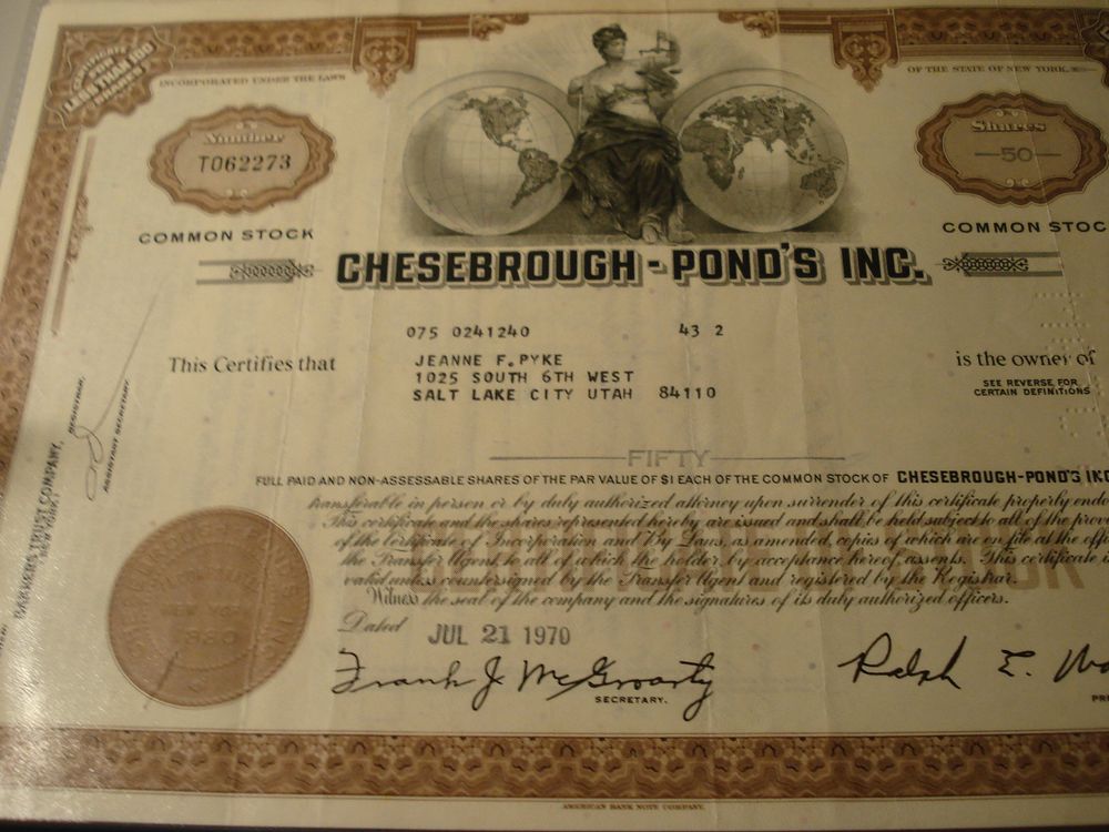 Aktie USA, Cheesebrough-Ponds Inc. 1970 (Gebraucht) in Niederwil AG für ...