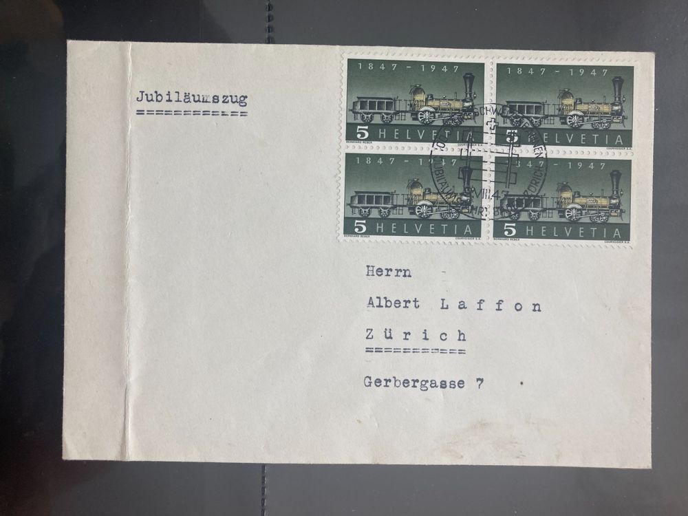 Schweiz 1947 Ersttagsbrief 4er-Bl.5 Rp. 100 J. Eisenbahn SSt (Gebraucht) in Liestal für CHF 5 ...