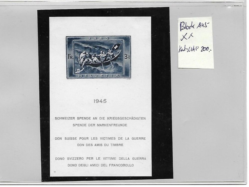 Block 1945 CH Spende ** Kat: CHF 200.- (Neu (gemäss Beschreibung)) in Basel für CHF 14 – mit ...
