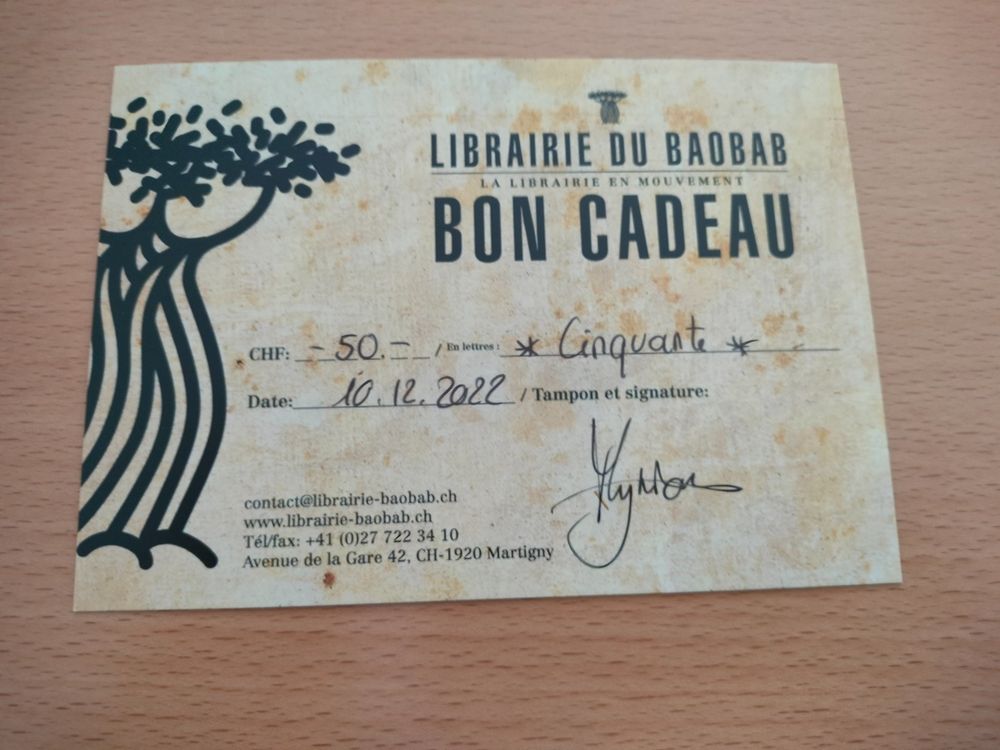 Bon de 50 francs pour la librairie du Baobab à Martigny (D'occasion) à Chavannes-près-Renens ...