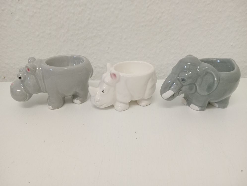 3 Eierbecher für Kinder Nashorn Elefant Nilpferd Keramik neu (Neu (gemäss Beschreibung)) in ...