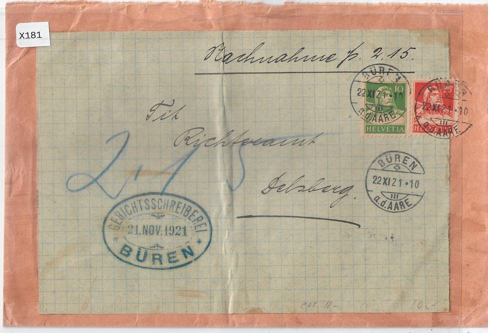 N.N. Büren 22.XI.21 to Delsberg 153/155 Mi. 164x/167x Tell (Gebraucht ...