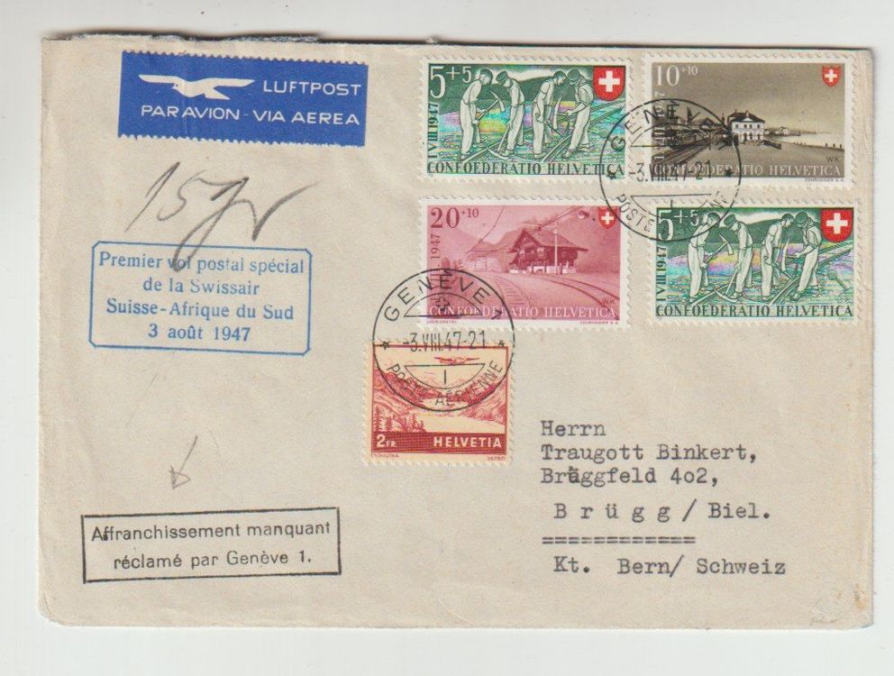 Flug 1947 Suisse-Afrique du Süd mit Satz Pro Patria und F33 (Gebraucht) in Biel/Bienne für CHF ...