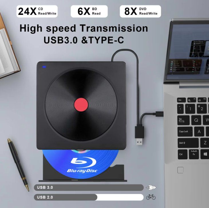 Externer Blu-ray BD/CD/DVD Player & Brenner USB 3.0 - Typ-C (Neu und ...