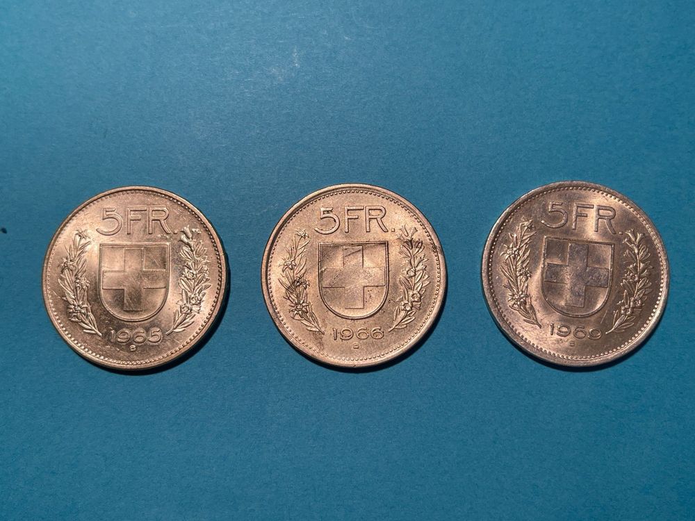 3 Stück Silbermünzen 5 Fr. 1965, 1966, 1969 (Fünfliber) (Gebraucht) in Buonas für CHF 32 – mit ...