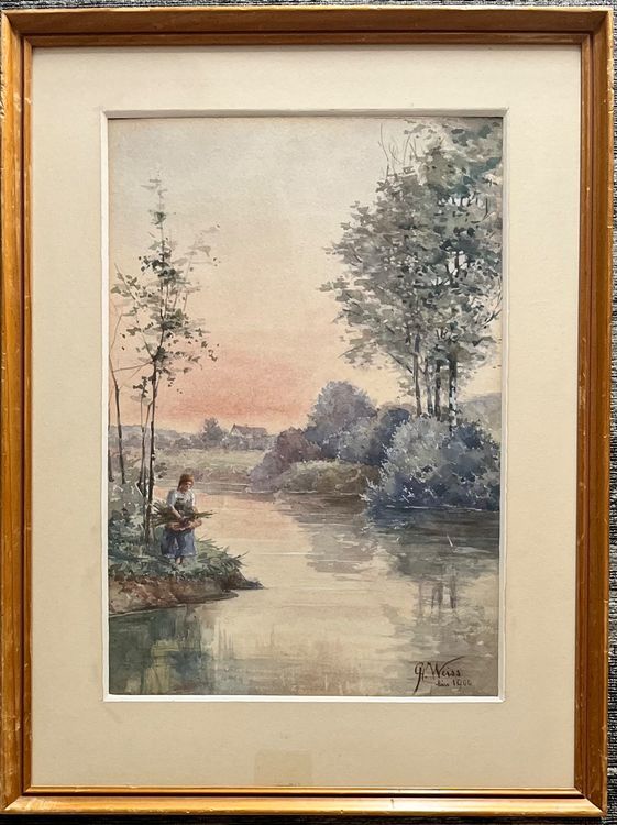 Antike Landschafts Aquarell mit eine Dame aus 1900,Unl. Sig. (Gebraucht) in Root für CHF 19 ...