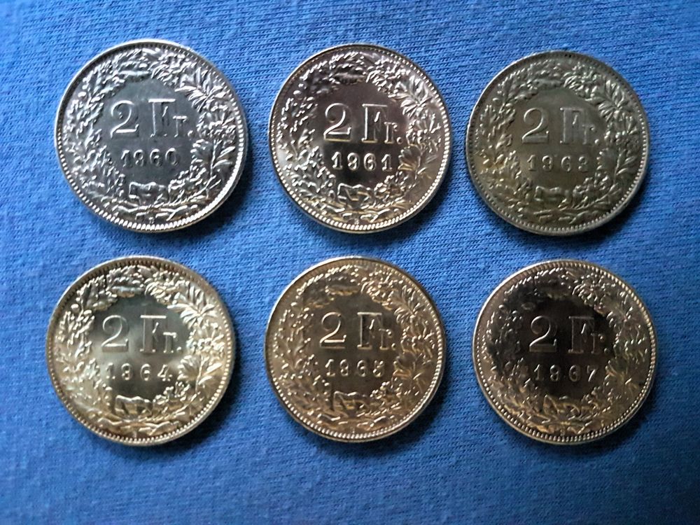6 x 2 Fr Silbermünzen 1960 bis 1967 komplette Serie ab 1 Fr (Gebraucht) in Camignolo für CHF 33 ...
