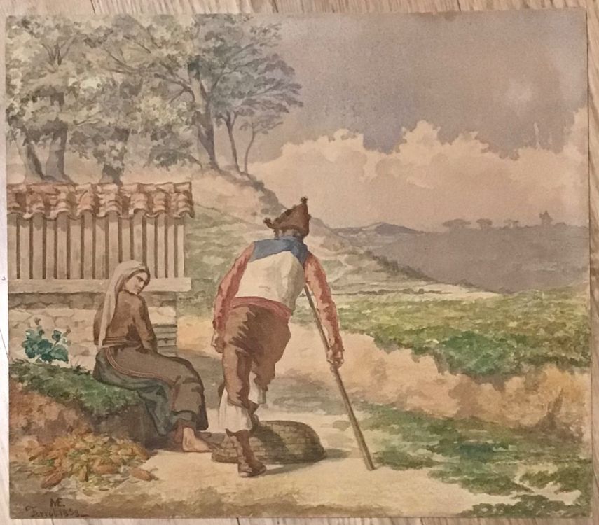 Antike Aquarell Bauer mit Frauen Monogrammiert | Kaufen auf Ricardo