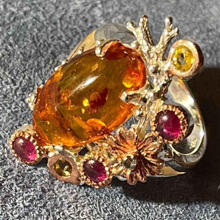 Natural African Red Amber & Ruby Asymmetric Gold 925SS Ring (Neu und ...