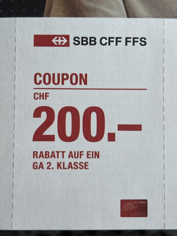 Gutschein SBB GA 2. Klasse 200.- chf (Neu und originalverpackt) in Rapperswil SG für CHF 25 ...