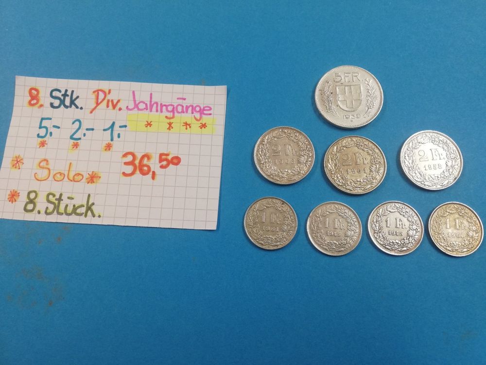 Schweizer Silbermünzen 8 Stk. div. Jahrgänge 5Fr./2Fr./1Fr. | Kaufen auf Ricardo