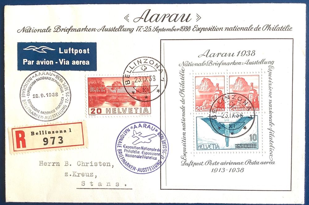 1938 Aarau Block auf R- Brief - Aarau - Bellinzona (Gebraucht) in Liestal für CHF 10 – mit ...