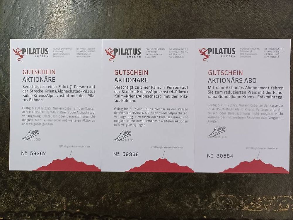Pilatus-Bahnen: Gutscheine Retour-Billetts + Aktionärs-Abo (Gebraucht ...