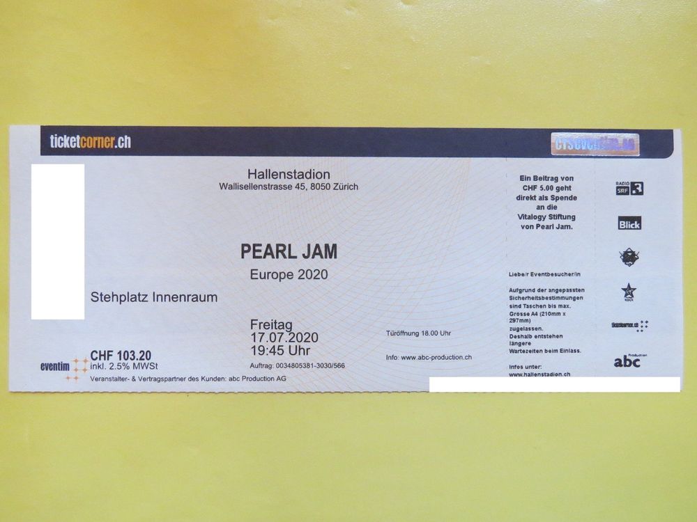 PEARL JAM Ticket Stehplatz | Kaufen auf Ricardo