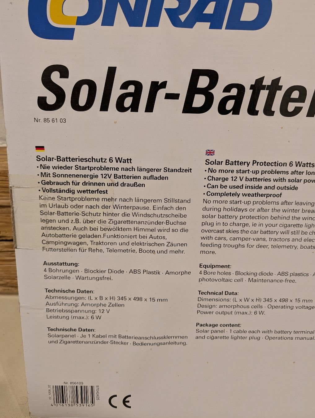 Conrad Solar-Batterie Schutz 12 Volt / 6 Watt (Gebraucht) in Sonterswil ...