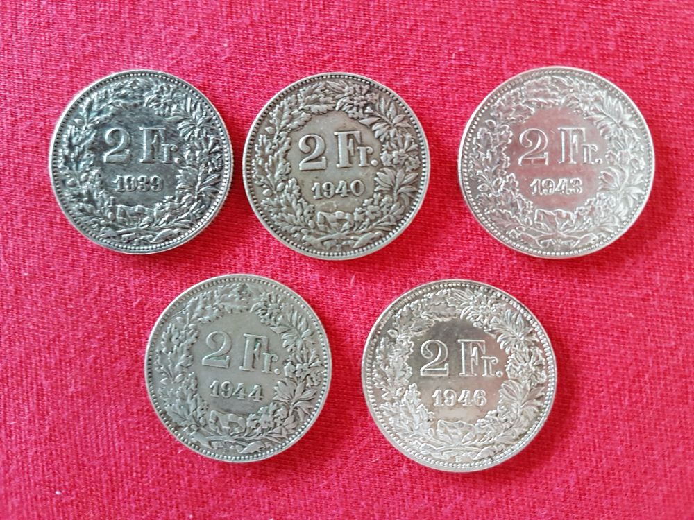 5 x 2 Fr Silbermünzen 1939-1940-1943-1944-1946 5 ab 1 Fr !! (Gebraucht) in Camignolo für CHF 28 ...