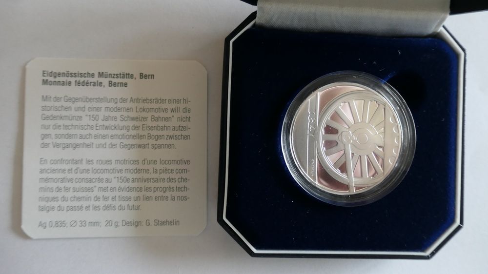 150 Jahre Schweizer Bahnen, 20 Fr., Silber, PP (Neu und originalverpackt) in Hinterkappelen für ...