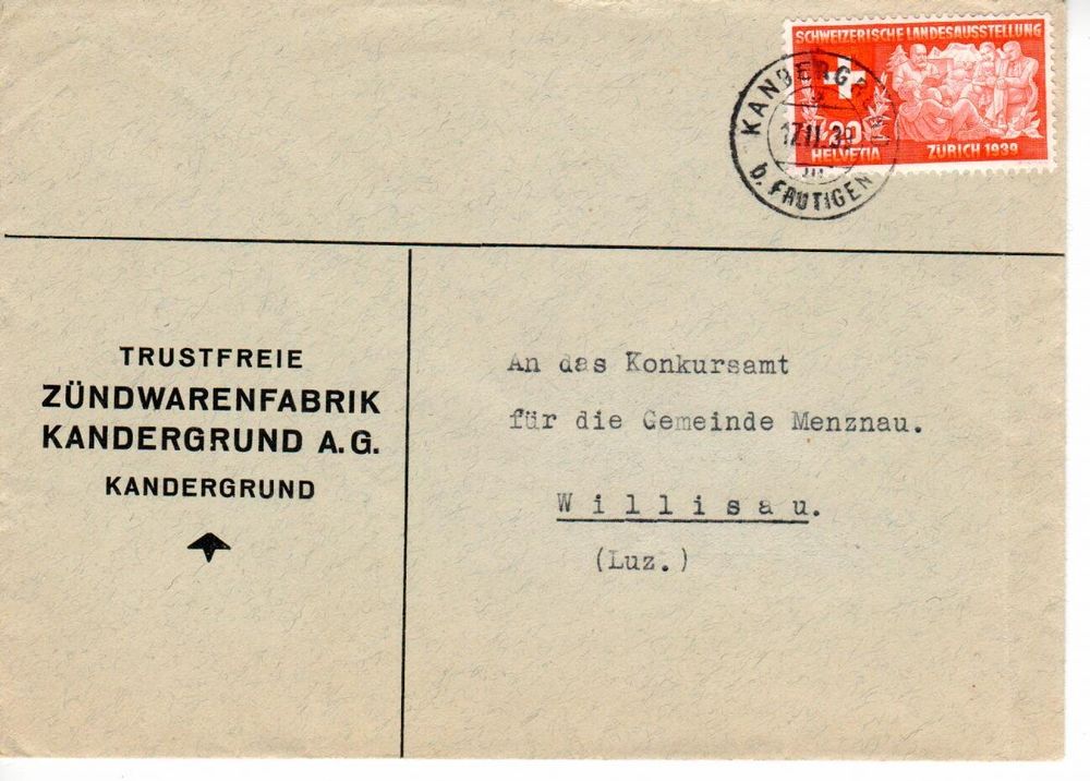 Brief, Zündwarenfabrik Kandergrund A.G. 1939 (Gebraucht) in Wolhusen für CHF 5 – mit Lieferung ...