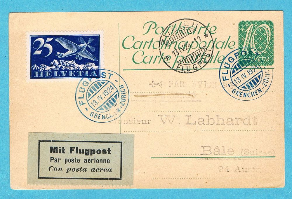 Flugpost GRENCHEN-ZÜRICH 13.IV.1924 mit F5 auf PK! Ab Fr.1! (Gebraucht) in Seedorf für CHF 2 ...