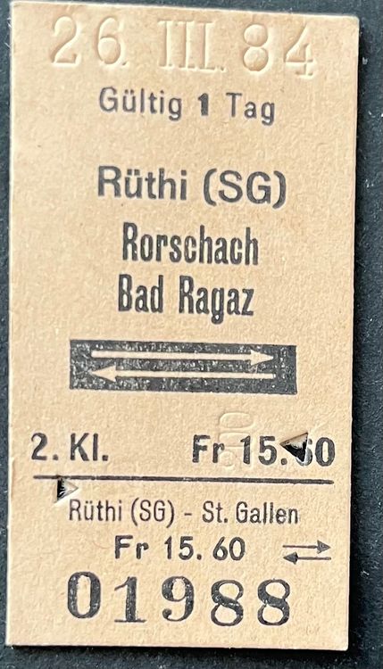 Rüthi (SG) Rorschach Bad Ragaz/ Billett 1984 (Gebraucht) in Wabern für CHF 2 – mit Lieferung auf ...