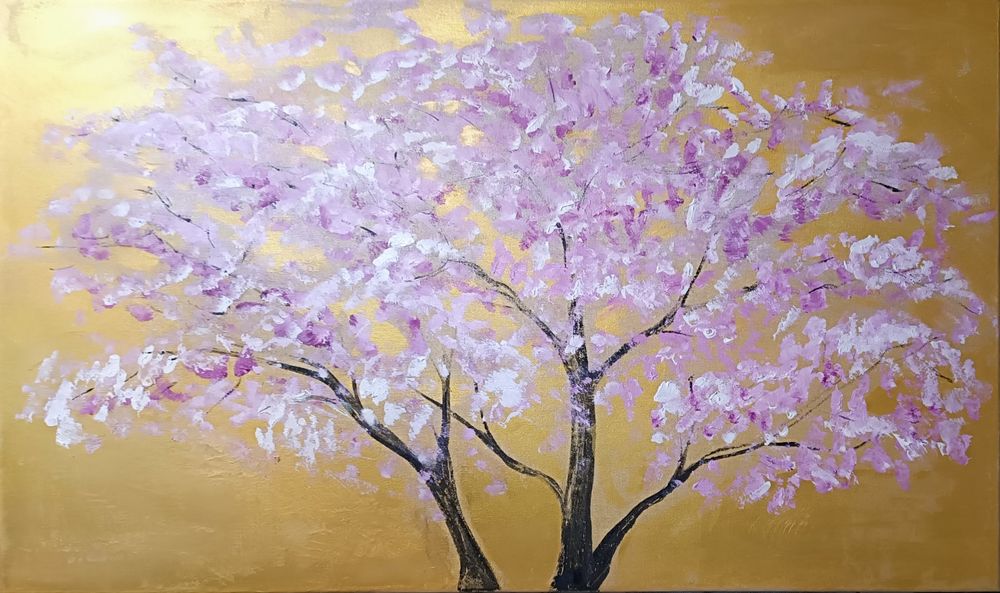 Acrylgemälde Sakura mit Gold 100x60 cm Unikat Gemälde | Kaufen auf Ricardo